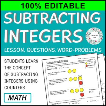 Subtracting Integers Lesson Practice Questions Editable