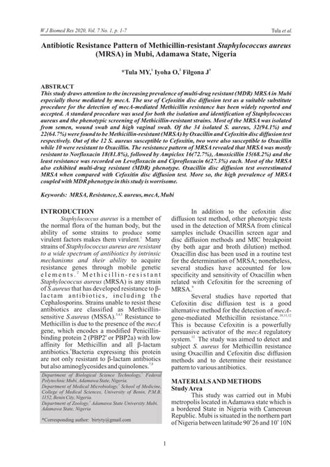 Pdf Antibiotic Resistance Pattern Of Methicillin Resistant Staphylococcus Aureus Mrsa In