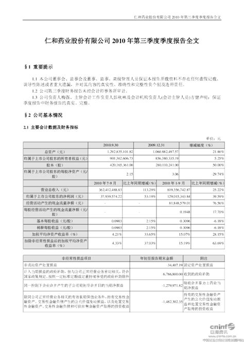 仁和药业：2010年第三季度报告全文