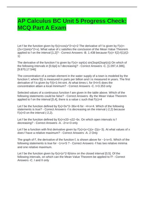 AP Calculus BC Unit Progress Check MCQ Part A Exam Questions And Answers AP Calculus BC