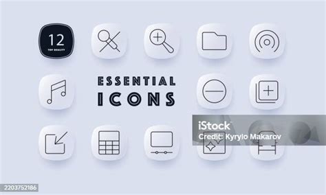 미디어 파일 관리 세트 아이콘입니다 검색창 폴더 음표 문서 플러스 마이너스 모니터 그리드 밝기 전체 화면 데이터 스토리지 감시에 대한 스톡 벡터 아트 및 기타 이미지