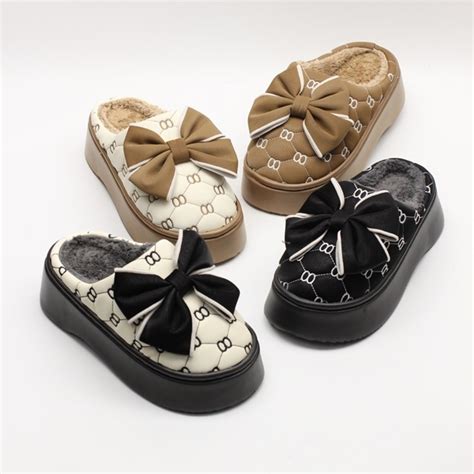 여성 고급 왕리본 털 방한 슬리퍼 온채널