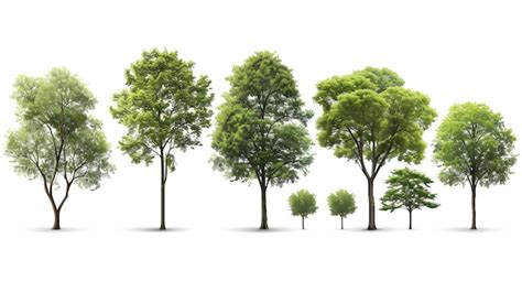 A Set Of Six Realistic 3d Trees Of Various Heights With Green Foliage