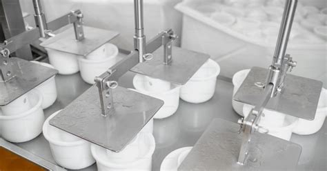 치즈 제조에서 전문 프레스 기계로 플라스틱 금형에서 치즈를 압착 사진 Unsplash의 저장 탱크 이미지