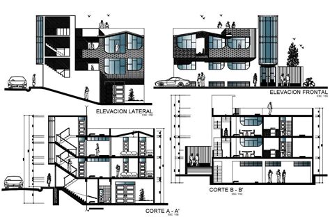 house elevation section floor plan structure and auto cad details images