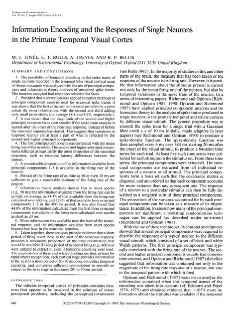 Pdf Information Encoding And The Responses Of Single Neurons In The Primate Temporal Visual Cortex