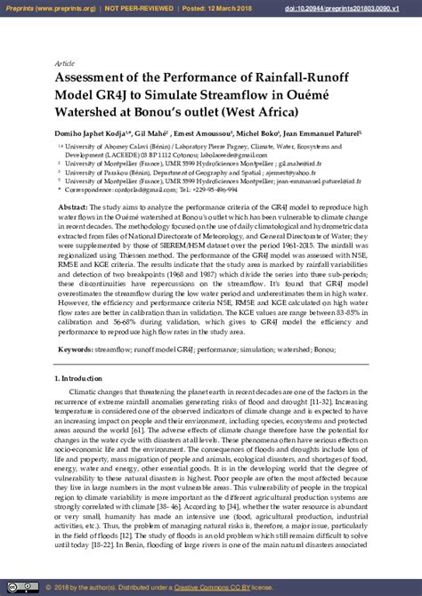 Pdf Assessment Of The Performance Of Rainfall Runoff Model Gr4j To Simulate Streamflow In