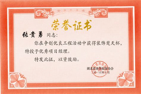 张贵勇优秀项目经理荣誉证书2016年 公司荣誉 红太阳建设股份公司