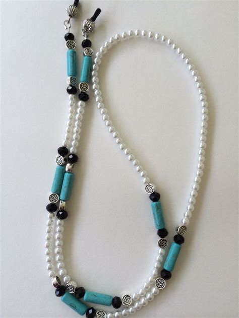 Pretty With Turquoise Crystal And Glass Pearl Beaded Eyeglass Chain Holder Handmade