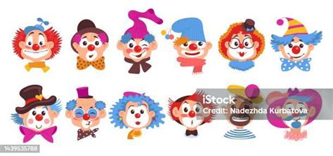 재미있는 광대 얼굴 만화 긍정적 인 만화가 머리 행복한 표정 웃는 서커스 캐릭터 밝은 화장을 한 코미디언 버푼 가발과 모자 화려한 벡터 세트 어릿광대 서커스 공연자에 대한