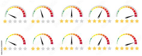 Speedometer Gauge Meter Icons With Stars Scales Level Of Performance Speed Dial Indicator