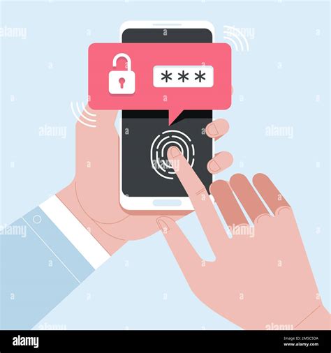 Hands With Smartphone Unlocked With Fingerprint Button And Password Notification Vector Mobile