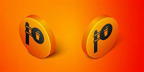 주황색 배경에 격리 된 Isometric 카페 및 레스토랑 위치 아이콘 포크와 숟가락 식당 표지판 은 핀 포인트 내부 주황색 원 버튼 벡터 3차원 형태에 대한 스톡 벡터