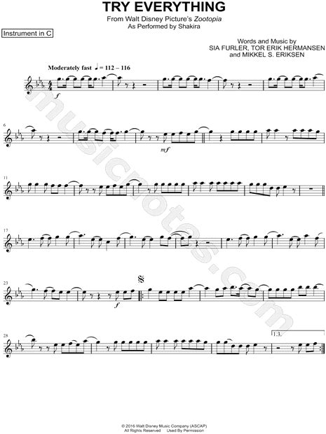 Shakira Try Everything C Instrument Sheet Music Flute Violin Oboe Or Recorder In Eb