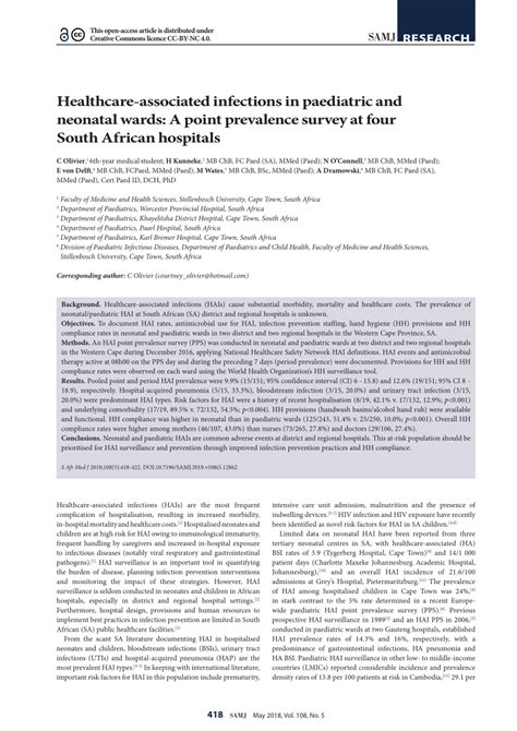 Pdf Healthcare Associated Infections In Paediatric And Neonatal Wards A Point Prevalence