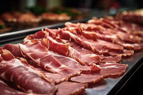 Premium Ai Image Meat Processing Plant Slices Of Fresh Bacon And Mint Slices On A Conveyor