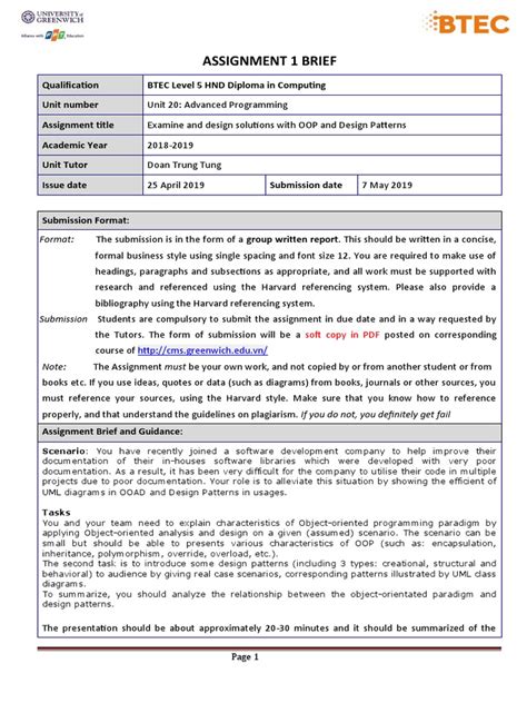 Unit 20 Assignment Brief 1 Pdf Object Oriented Programming