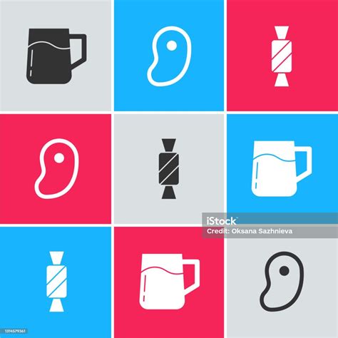 나무 맥주 잔 스테이크 고기와 사탕 아이콘을 설정합니다 벡터 0명에 대한 스톡 벡터 아트 및 기타 이미지 0명 고기 굽기 Istock