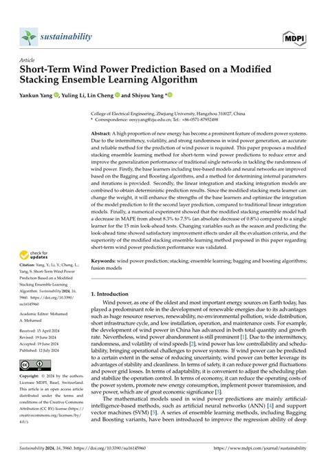 PDF Short Term Wind Power Prediction Based On A Modified Stacking