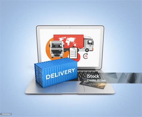 신용 카드와 함께 배달 개념 화물 컨테이너 배치 블루에 고립 된 노트북에 3d 배경 화물 운송에 대한 스톡 사진 및 기타 이미지 화물 운송 해운 Cpu Istock