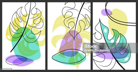 벡터 열대 벽 라인 아트 컬렉션 손으로 그린 추상적 미니멀리즘 스타일 컬렉션 밝은 색상 투명도 효과 검은 윤곽 가리기에 대한 스톡 벡터 아트 및 기타 이미지 Istock