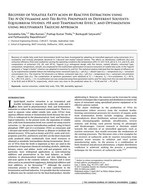 Can J Chem Eng 2017 Eda Recovery Of Volatile Fatty Acids By Reactive Extraction Using Tri