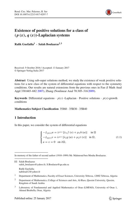 Pdf Existence Of Positive Solutions For A Class Of Pxqx Laplacian Systems