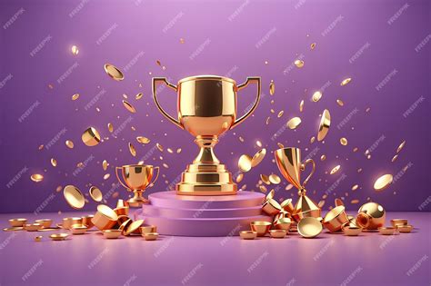 골든 컵과 함께 미니멀 3d 수상자 금색 배경에 떠다니는 물체와 함께 별 만화 스타일의 3d 터 렌더링 보라색 패스텔