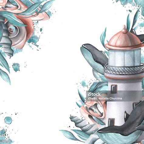 고래 조류 및 조개가있는 해양 등대 수채화 그림입니다 고래 컬렉션의 구성 포스터 스티커 해변 및 여름 인쇄물의 디자인 및 장식