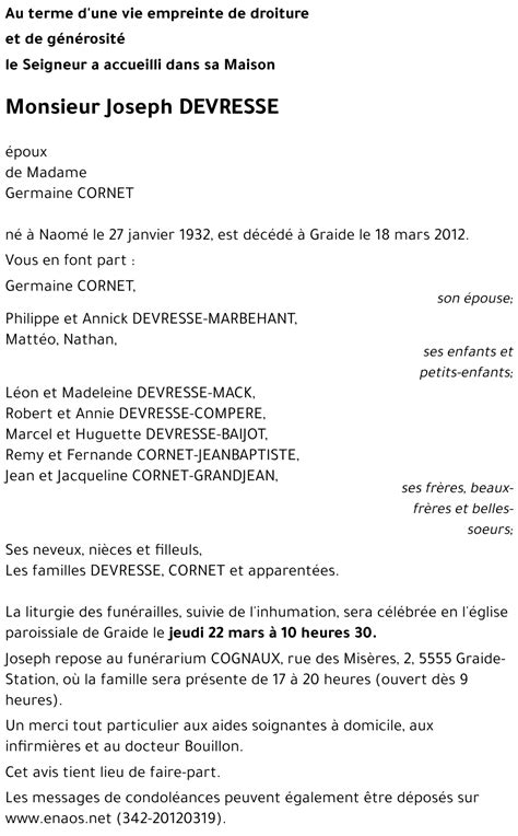 Avis De Décès De Joseph Devresse Décédé Le 18 03 2012 à Graide Annonce Condoléances Fleurs