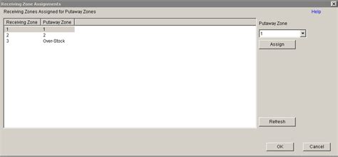 SETUP RECEIVING ZONE ASSIGNMENTS SCREEN