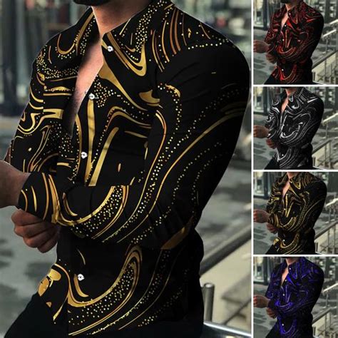 Buy Men Shirt Long Sleeve Turn Down Collar Colorful Print Single Breasted Summer Top Men