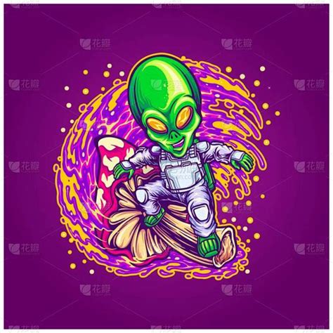 外星太空人在太空冲浪带着你的工作标识商品T恤贴纸和标签设计海报贺卡广告商公司或品牌的小蘑
