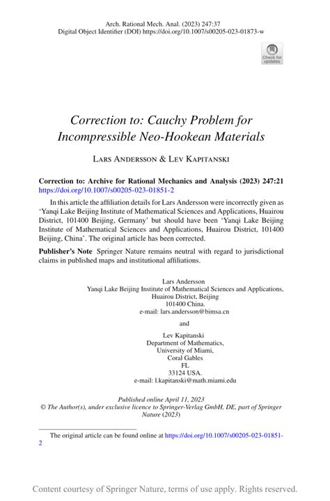 Correction To Cauchy Problem For Incompressible Neo Hookean Materials Request Pdf