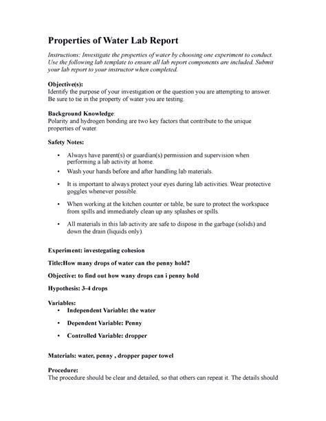 02 01 Properties Of Water Lab Report Properties Of Water Lab Report Instructions Investigate