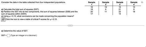 SOLVED A Determine The Value Of SST SST B Determine The Values Of SSB And SSW SSB SSW