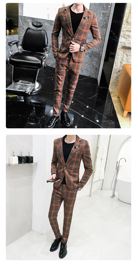 Клетчатый мужской костюм, мужской приталенный костюм из 2 предметов ...
