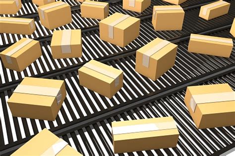 창고에 물품이 있는 많은 상자 배달을 위한 소포가 있는 컨베이어 전자 상거래 주문 상자 3d 렌더 0명에 대한 스톡 사진 및 기타 이미지 Istock