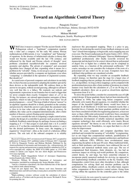 Pdf Toward An Algorithmic Control Theory