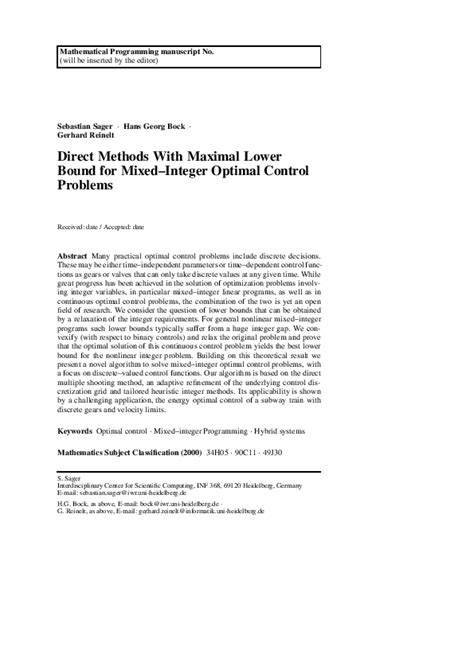Pdf Direct Methods With Maximal Lower Bound For Mixed Integer Optimal Control Problems