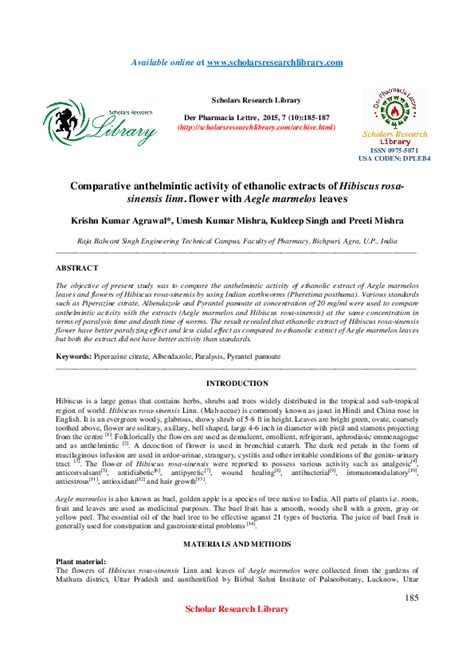 Pdf Comparative Anthelmintic Activity Of Ethanolic Extracts Of