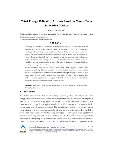 Pdf Wind Energy Reliability Analysis Based On Monte Carlo Simulation Method