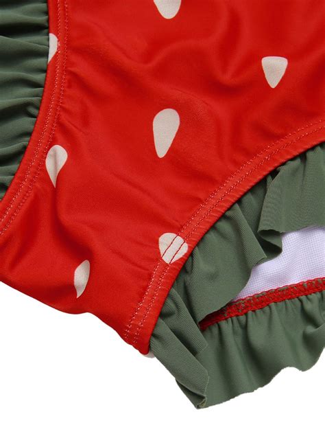 Red 1950s Strawberry Ruffle Strap Swimsuit Retro Stage