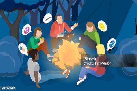 3d 등각 투영 평면 벡터 개념 그림 모닥불 이야기 공포 무서움에 대한 스톡 벡터 아트 및 기타 이미지 공포 무서움 섬뜩한 여름 Istock