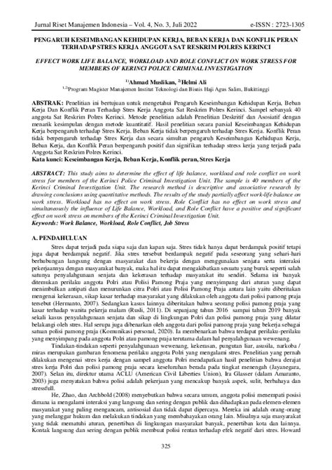 Pdf Effect Work Life Balance Workload And Role Conflict On Work Stress For Members Of Kerinci