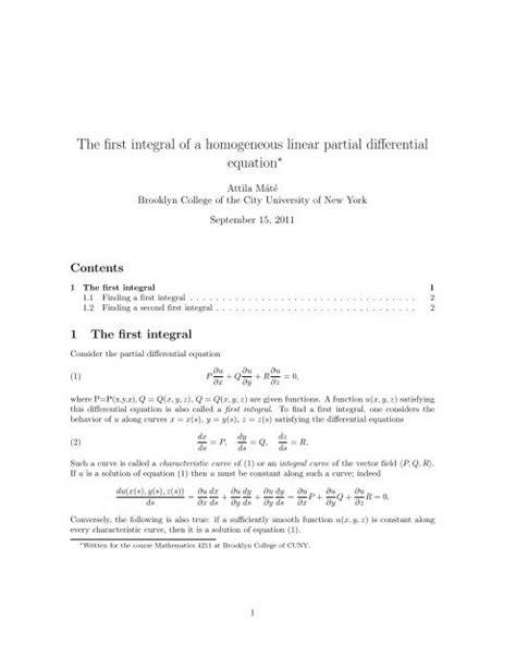 The First Integral Of A Homogeneous Linear Partial Differential Cuny