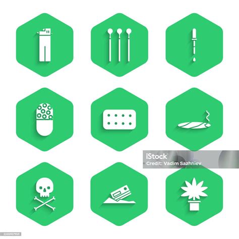 물집 팩 코카인 및 신용 카드 마리화나 또는 대마초 식물 냄비 연기가 나는 시가 십자뼈에 두개골 의학 알약 정제 피펫 및 라이터 아이콘에 알약을 설정합니다 벡터 건강 검진에