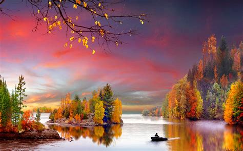 Autumn Serenity Boat Drifting At Sunset On A Forested Island Lake Hd