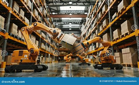 Automated Warehouse With Robotic Arms Sorting Packages Stock Illustration Illustration Of Line