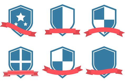 휴일 리본방패 흰색 배경에 빨간색 리본이 분리된 파란색 방패 세트입니다 플랫 디자인의 방패 세트 만화 디자인에 대한 벡터 일러스트레이션 벡터 막는 동작에 대한 스톡 벡터